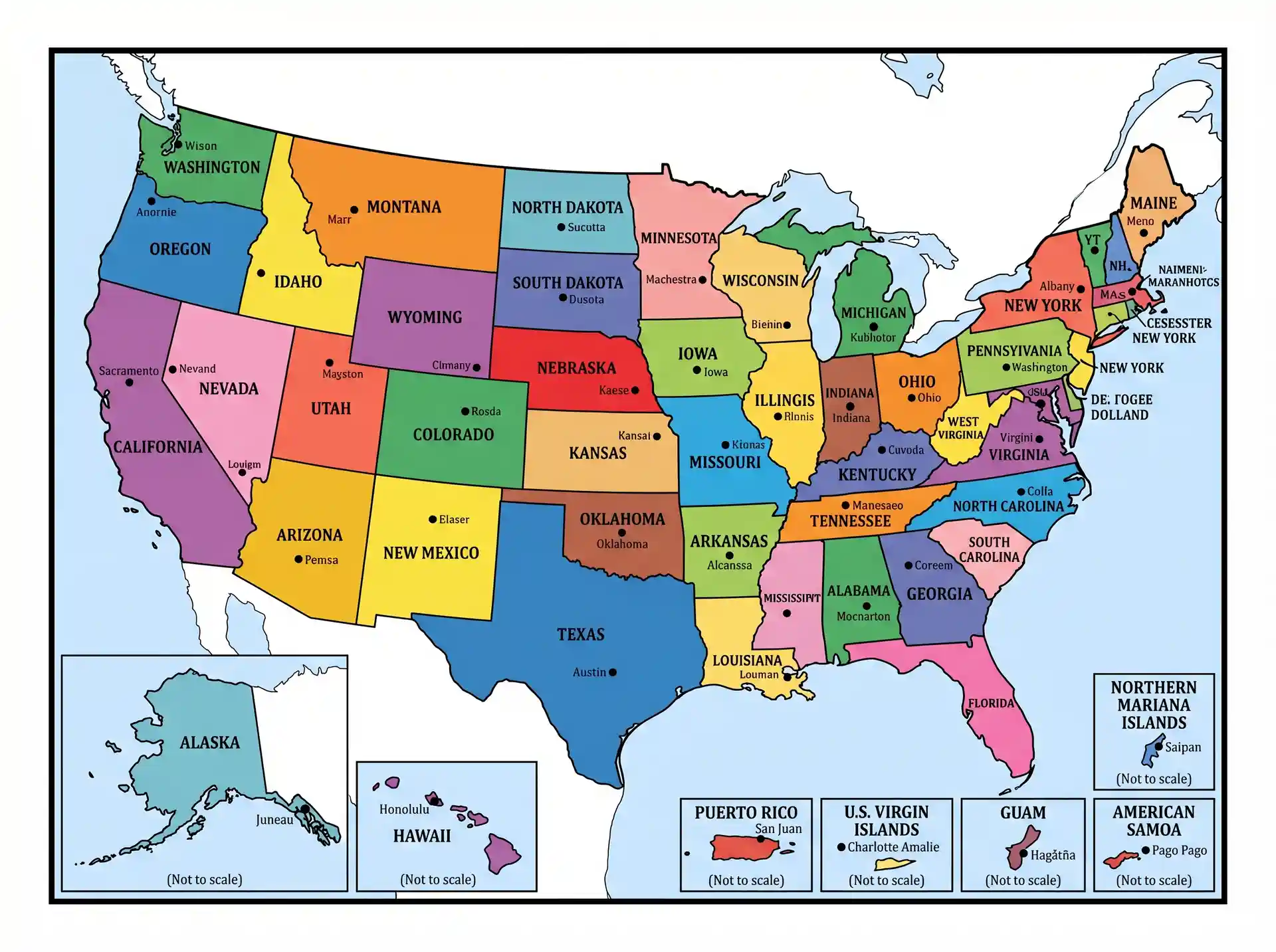 USA Political Map with States Capitals Borders