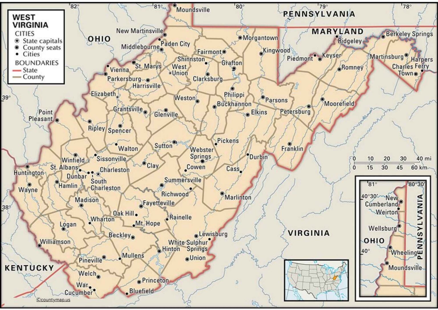 West Virginia County Map | WV Counties with Cities